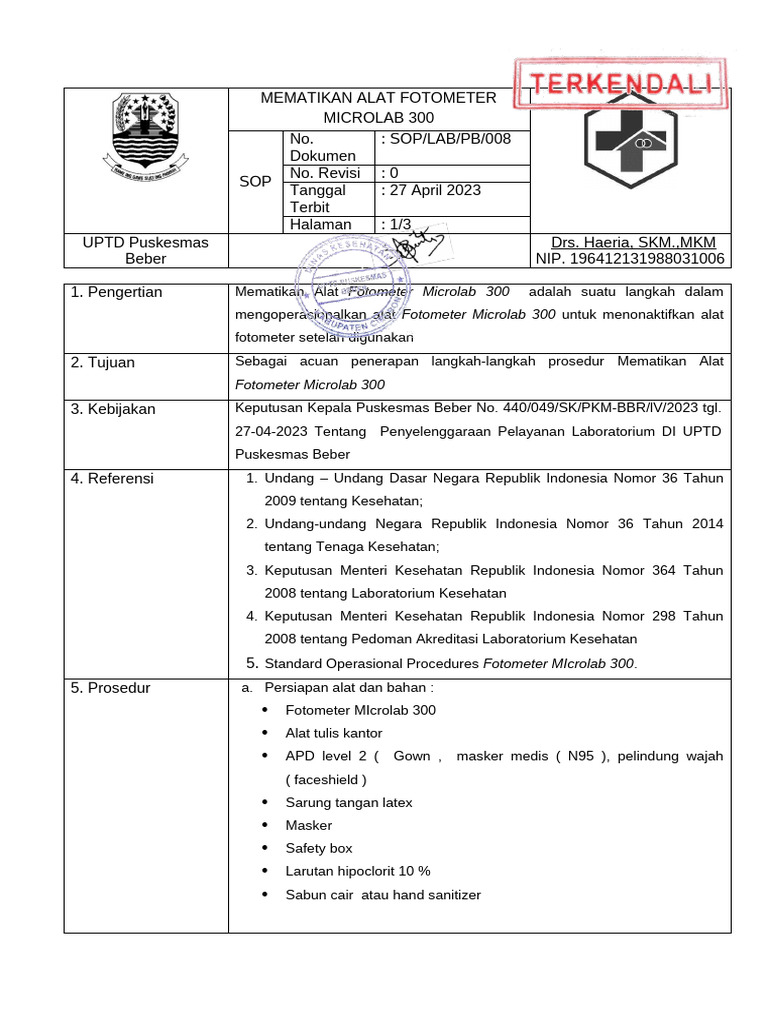 8. Sop Mematikan Alat Fotometer Microlab 300 | PDF