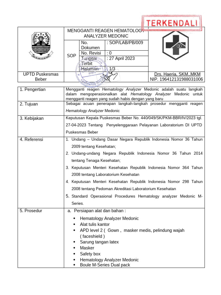Sop Mengganti Reagen Hematology Analyzer Medonic | PDF