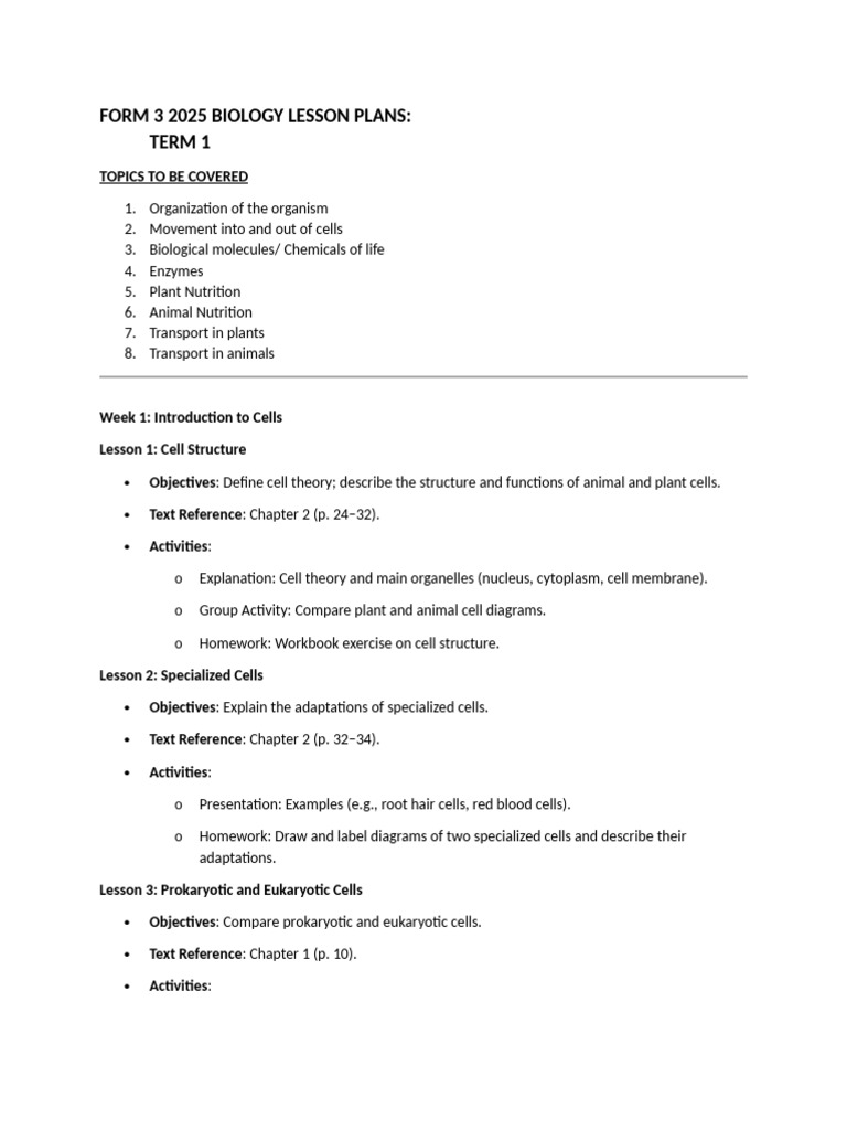 Form 3 Biology Lesson Plans Term 1 2025 | PDF | Cell (Biology) | Digestion