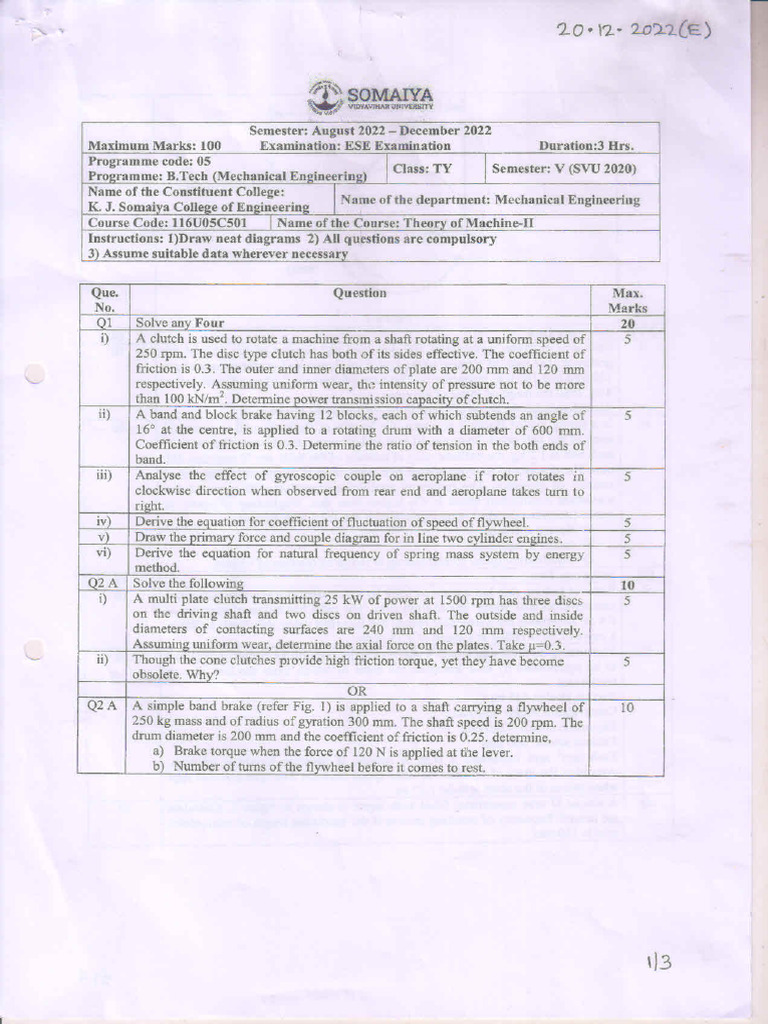 Sem V Mech. August 2022 - Dec 2022. | PDF