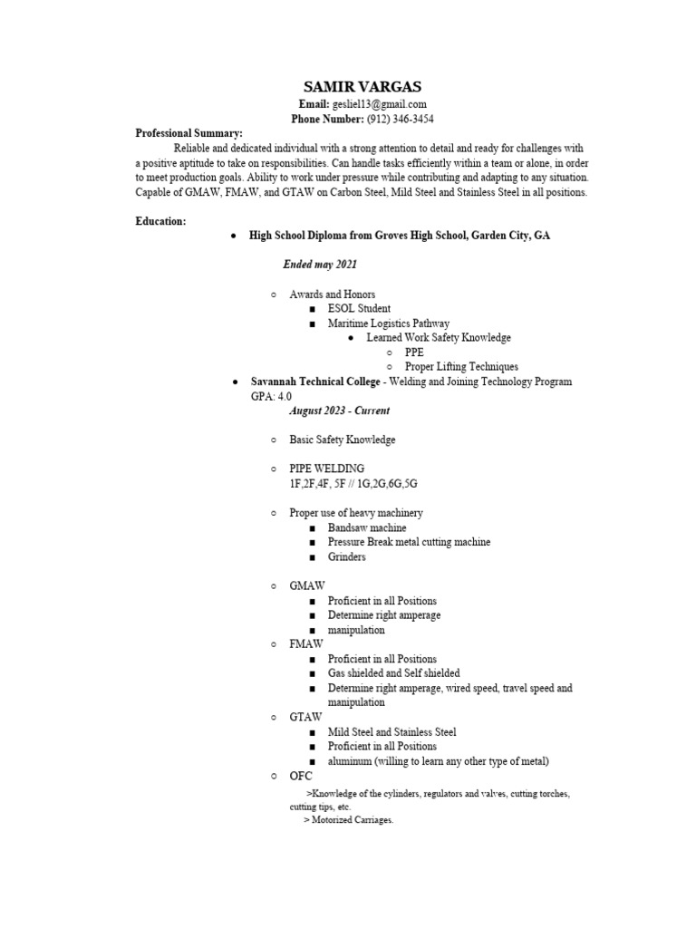 Samir Vargas Resume PDF | PDF | Welding | Construction