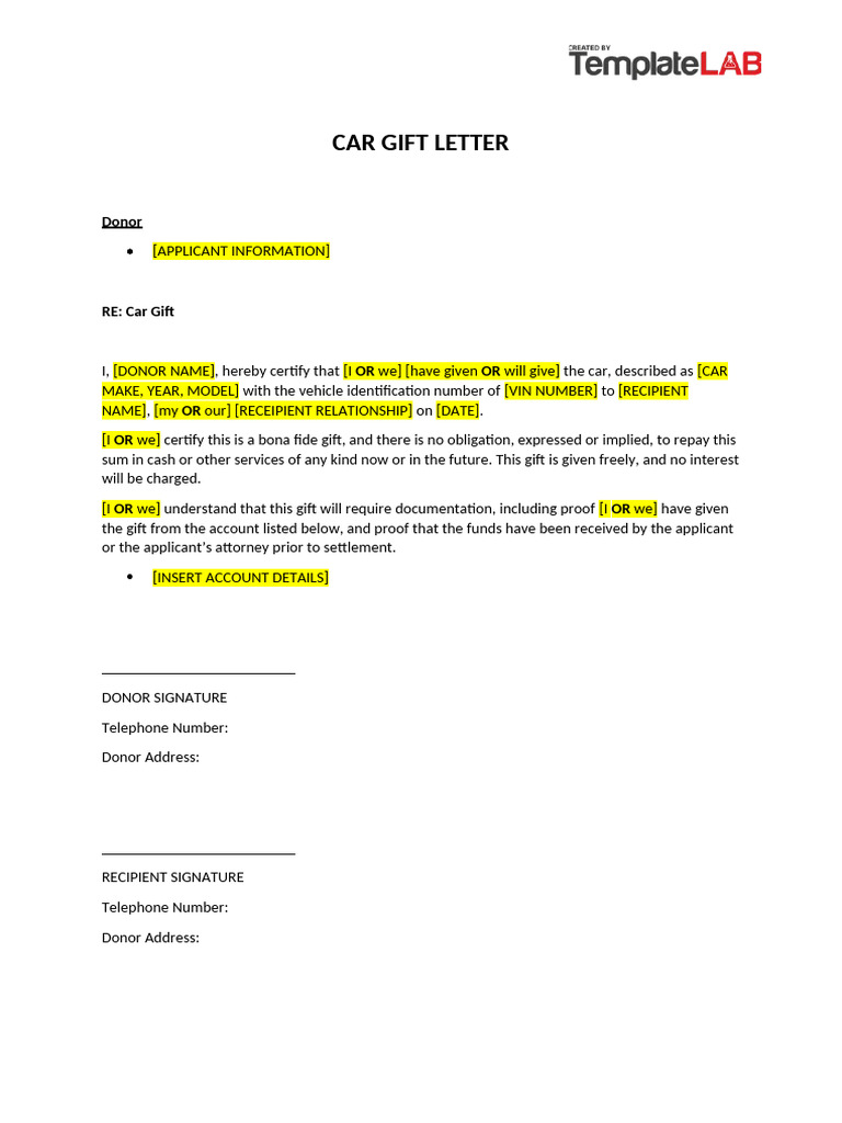 Car Gift Letter Template | PDF