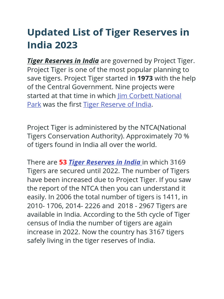 Updated List of Tiger Reserves in India 2023 | PDF | Environmental Protection | Panthera