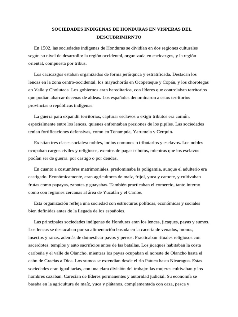 Sociedades Indígenas en Honduras 1502 | PDF | Honduras | Sociedad