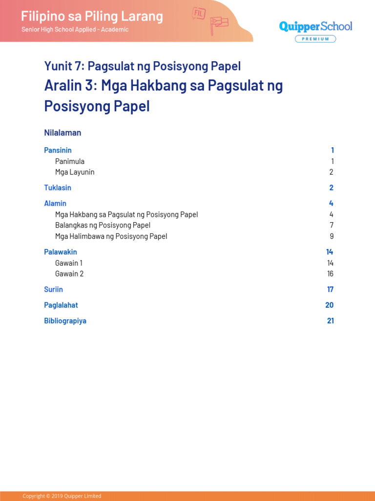 SG - FPL 11 - 12 Q1 0703 - Mga Hakbang Sa Pagsulat NG Posisyong Papel | PDF