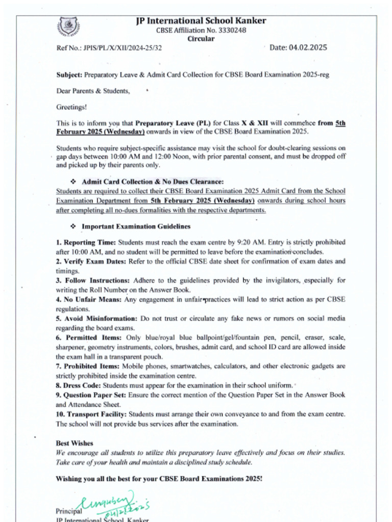 CIRCULAR-32 Preparatory Leave & Admit Card Collection For CBSE Board ...