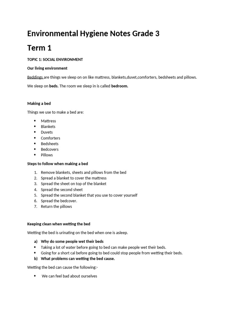 Grade 3 Rationalized Environmental Hygiene Notes Term 1 | PDF | Bed | Foods
