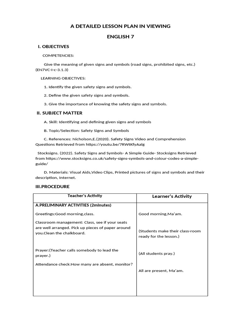 A Detailed Lesson Plan in English 7 | PDF | Lesson Plan | Safety
