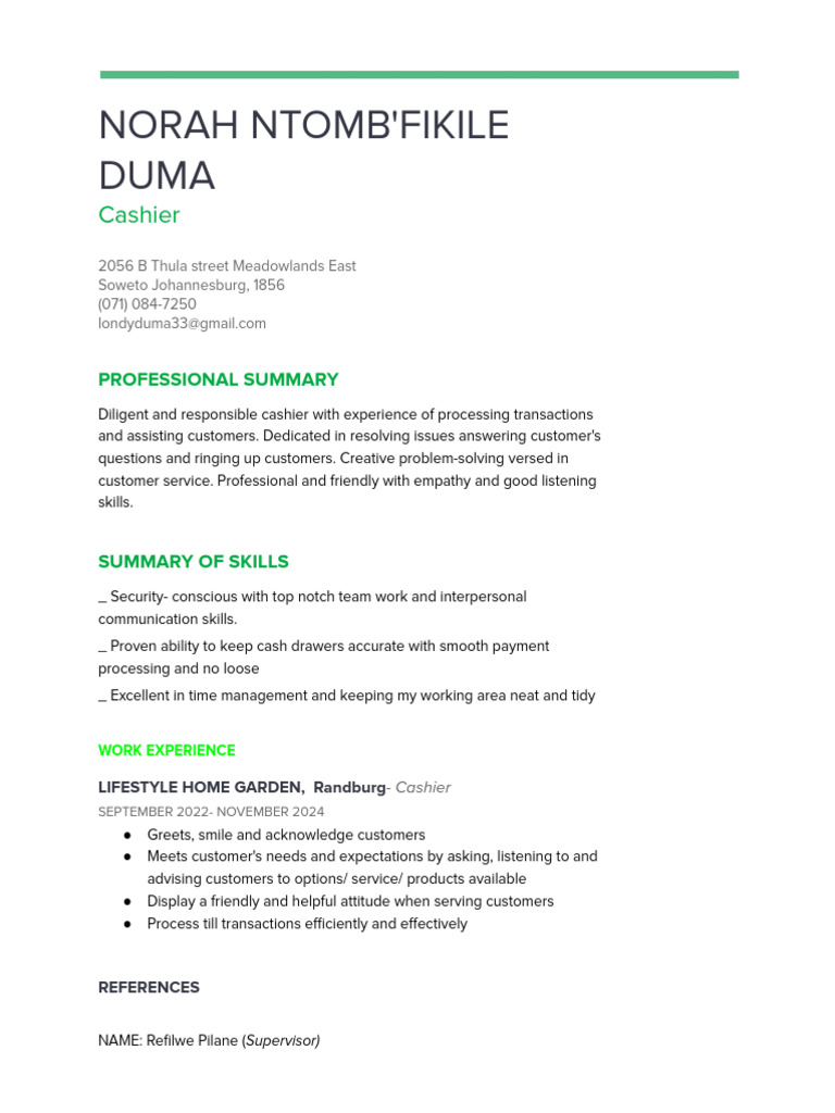 Norah Ntomb'Fikile Duma: Cashier | PDF