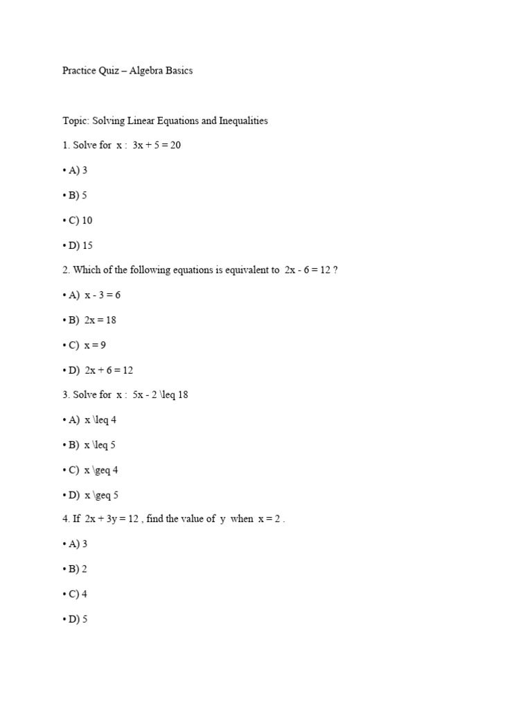 Algebra Basics Practice Quiz | PDF