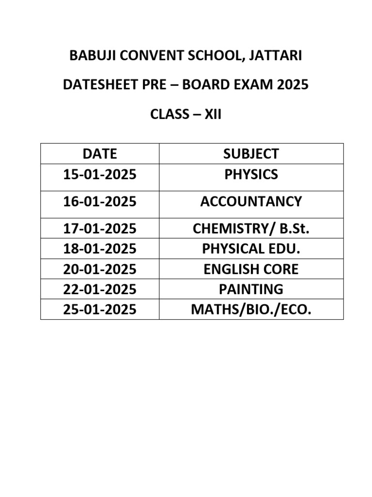 Class XII Pre-Board Exam Schedule | PDF