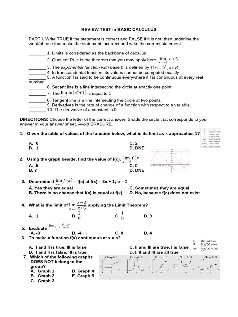 Basic Calculus Review Test Questions | PDF | Function (Mathematics ...