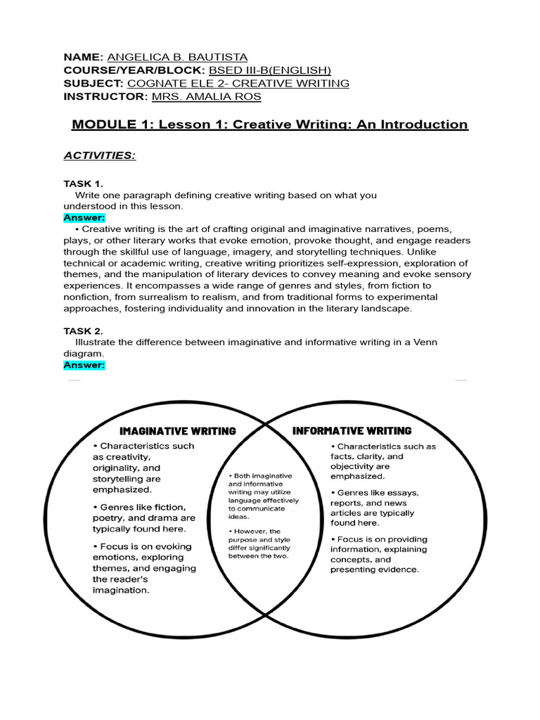 Cognate Ele 2 - Creative Writing: Module 1: Lesson 1-2 | PDF | Creative ...
