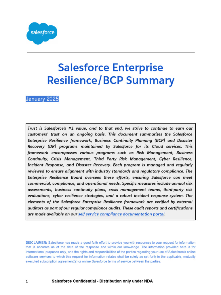 Salesforce Enterprise Resilience BCP Summary - 2025 01 17 | PDF | Computer Security | Security