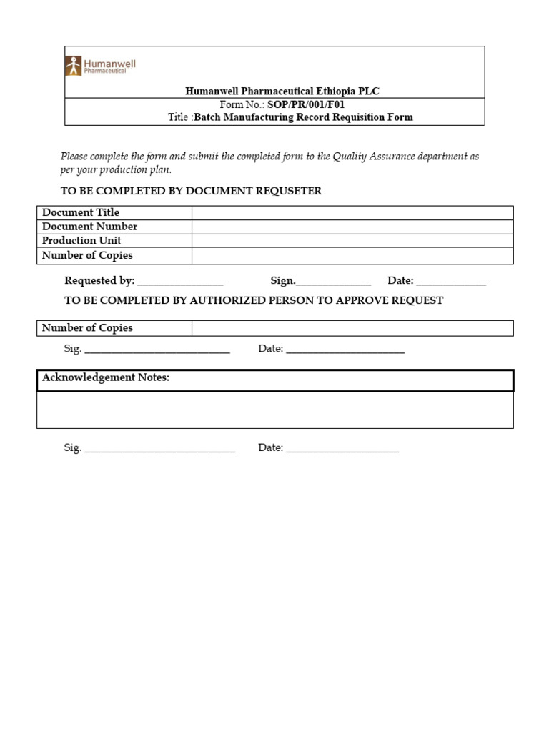 Batch Manufacturing Record Requisition Form | PDF