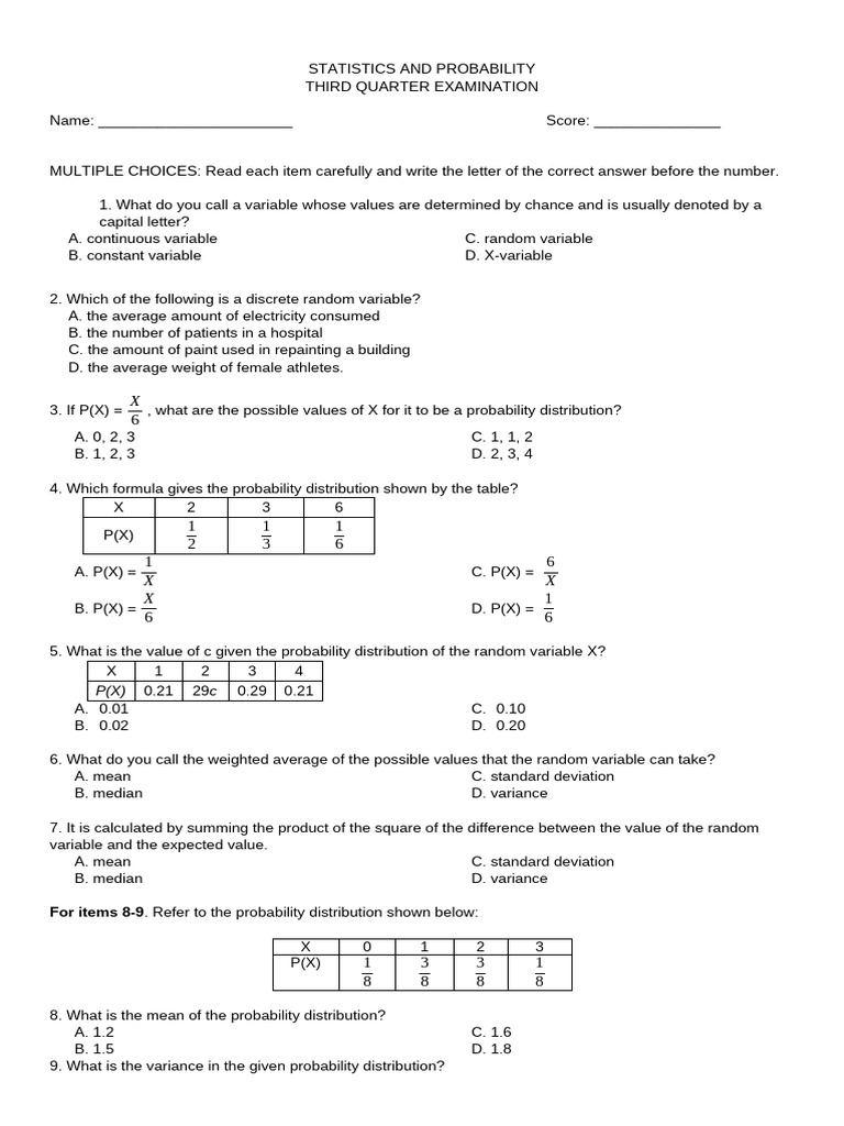 Exam Statistics and Probability 3rd Quarter | PDF | Estimator | Normal Distribution