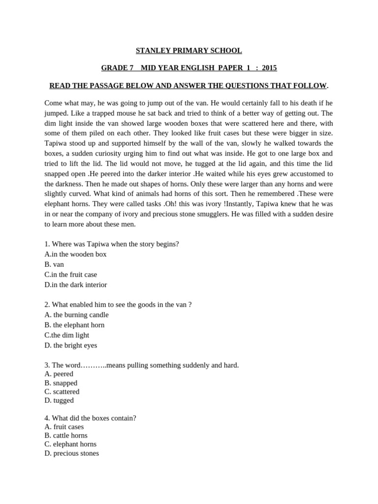 Grade 7 English Paper 1 | PDF