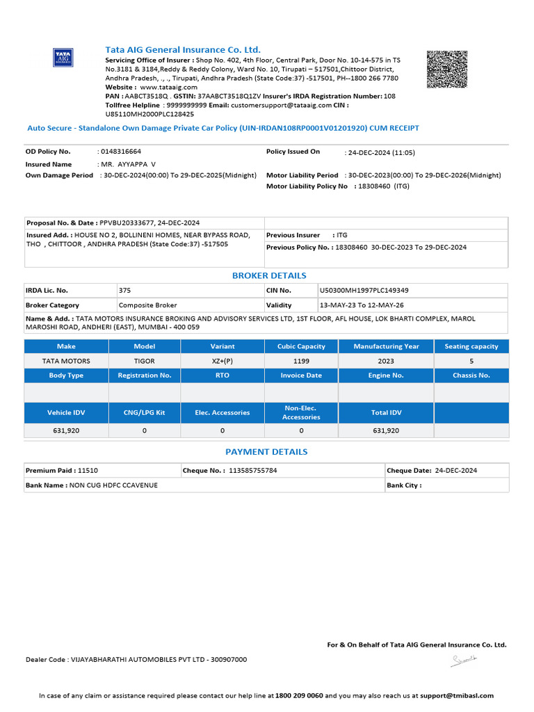 TATA AIG Insurance - 2024-2025 | PDF | Insurance | Tire