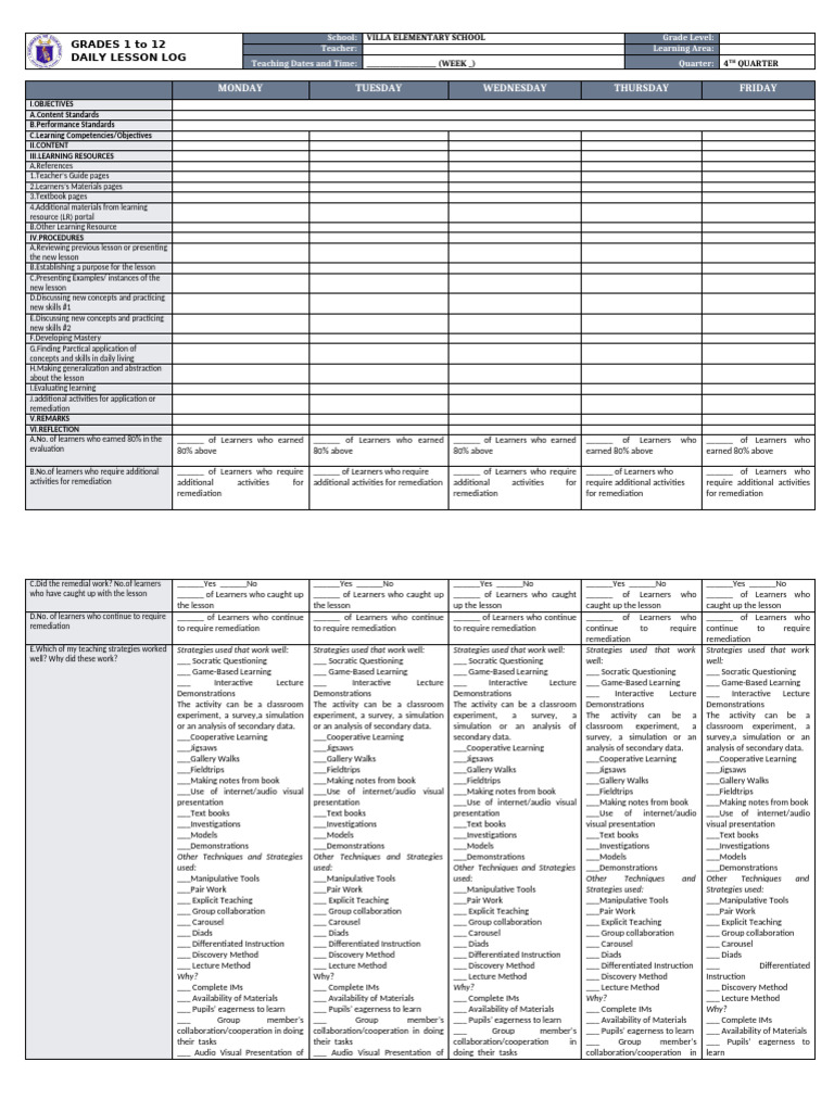DLL TEMPLATE 4TH QUARTER | PDF | Differentiated Instruction | Learning