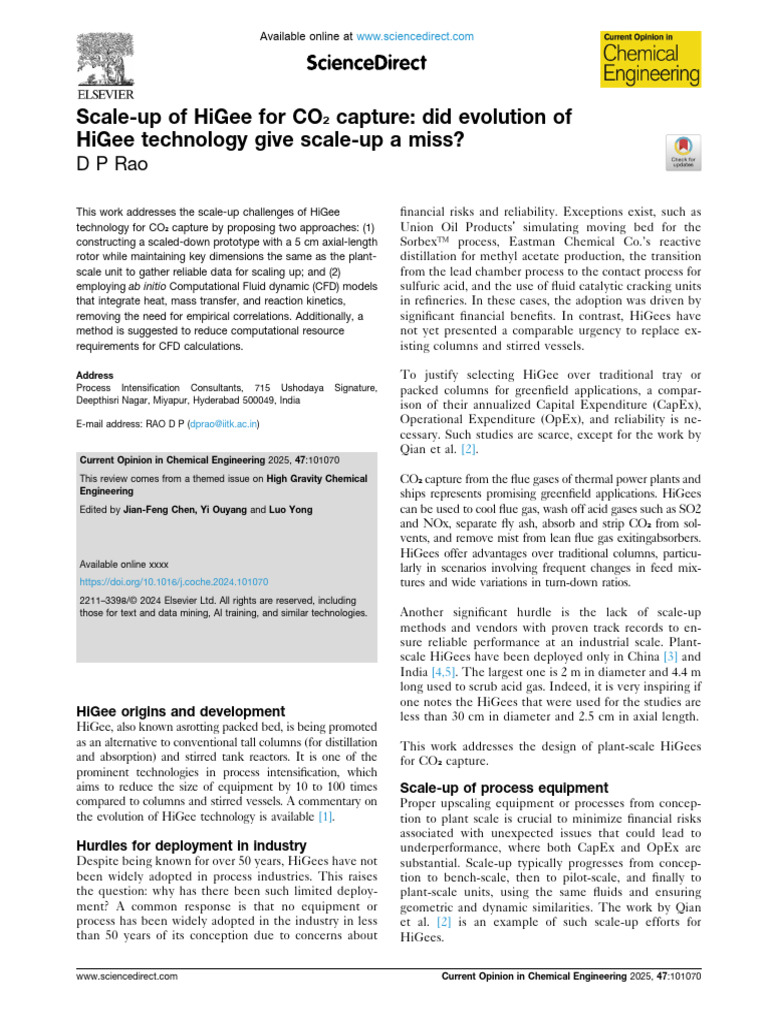 Scale-Up of HiGee For CO Capture Did Evolution of HiGee Technology Give ...