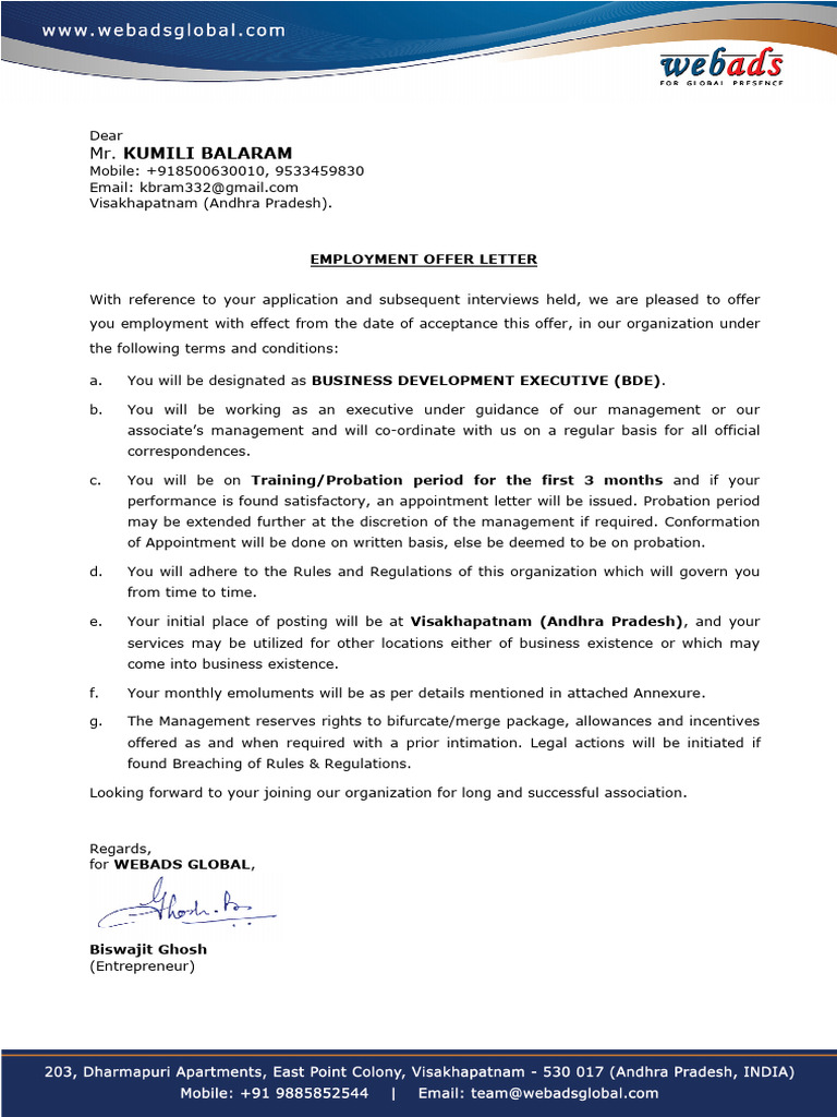 WEBADS - BDE OFFER LETTER - K Balaram | PDF | Business