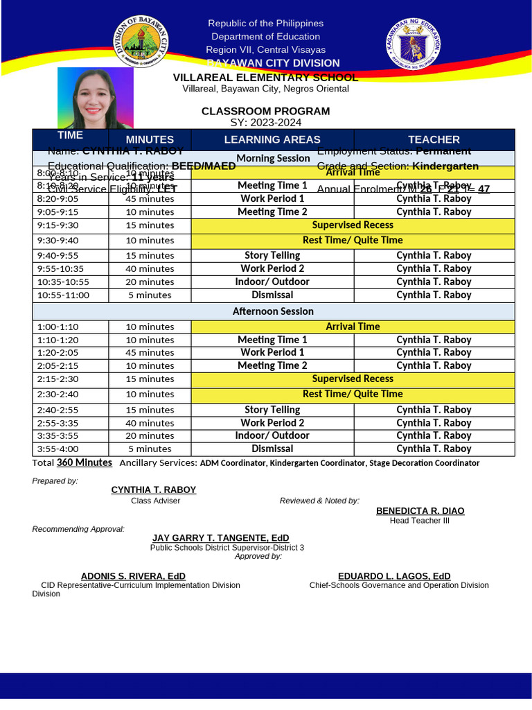 CYNTTHIA KINDERClassroom-Program-2023-2024 | PDF | Educational Institutions | Learning