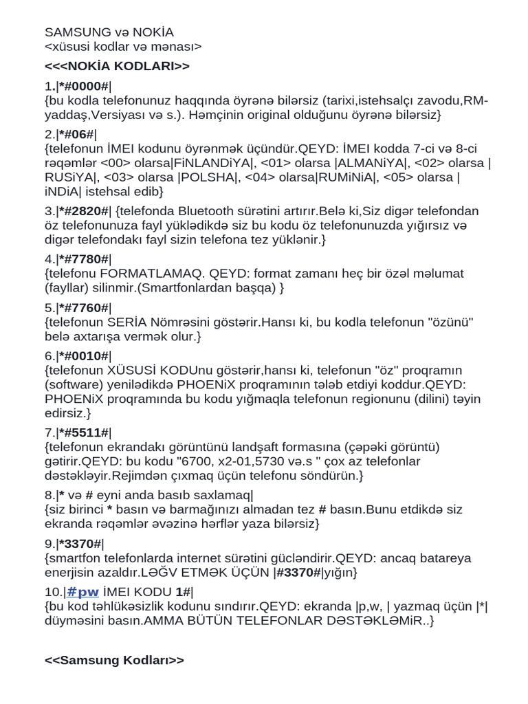 Samsung Nokia Kodlar | PDF