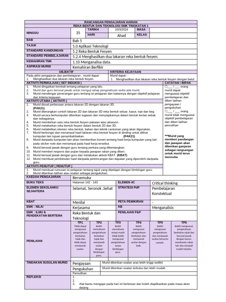 RPH MINGGU 35 SMK RBT TINGKATAN 1 2024-2025 BY CIKGU GORGEOUS | PDF