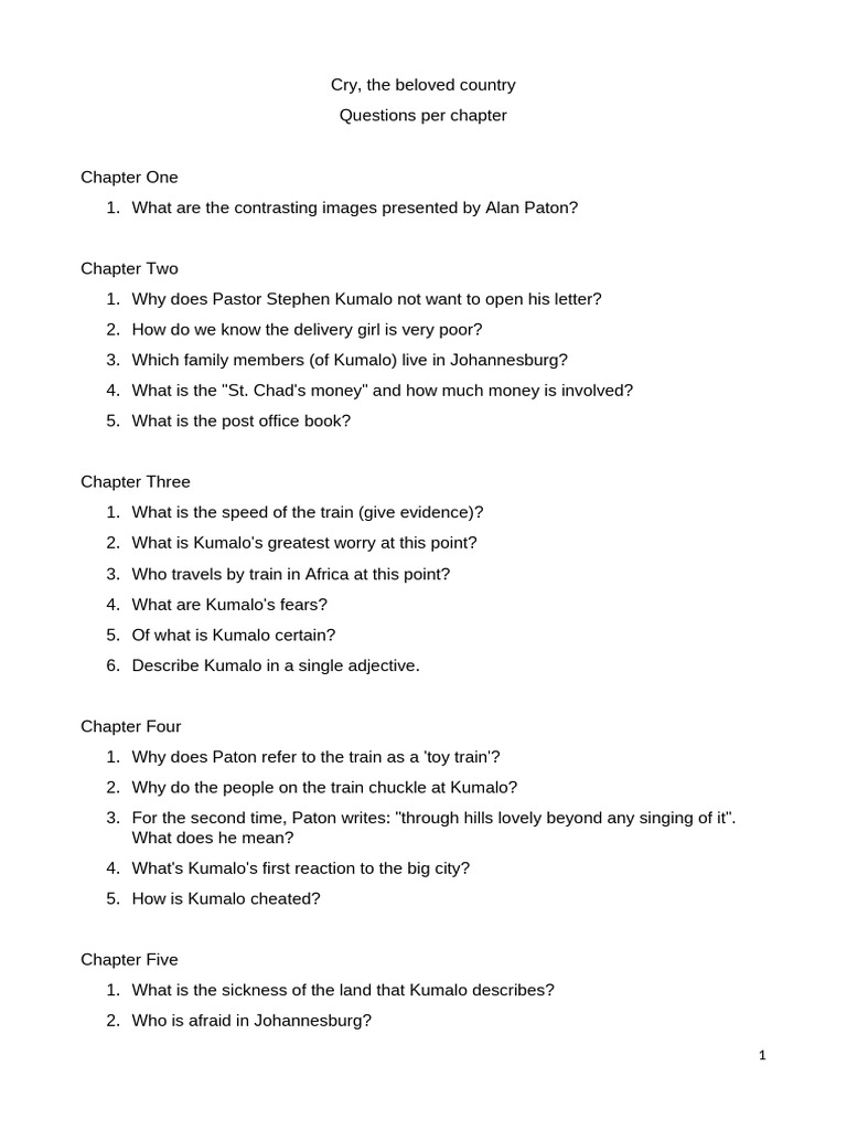 Cry The Beloved Country Questions Per Chapter | PDF