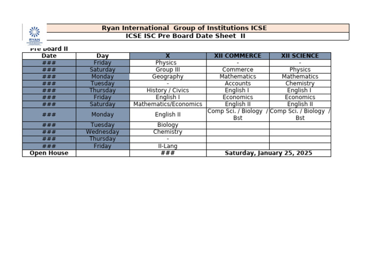ICSE ISC Pre Board II Date Sheet | PDF
