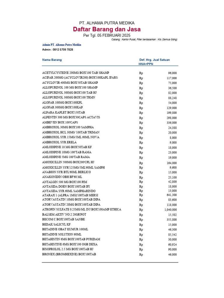 Daftar Harga Barang PT Alham Putra Medika 05 Februari 2025 Khusus ...