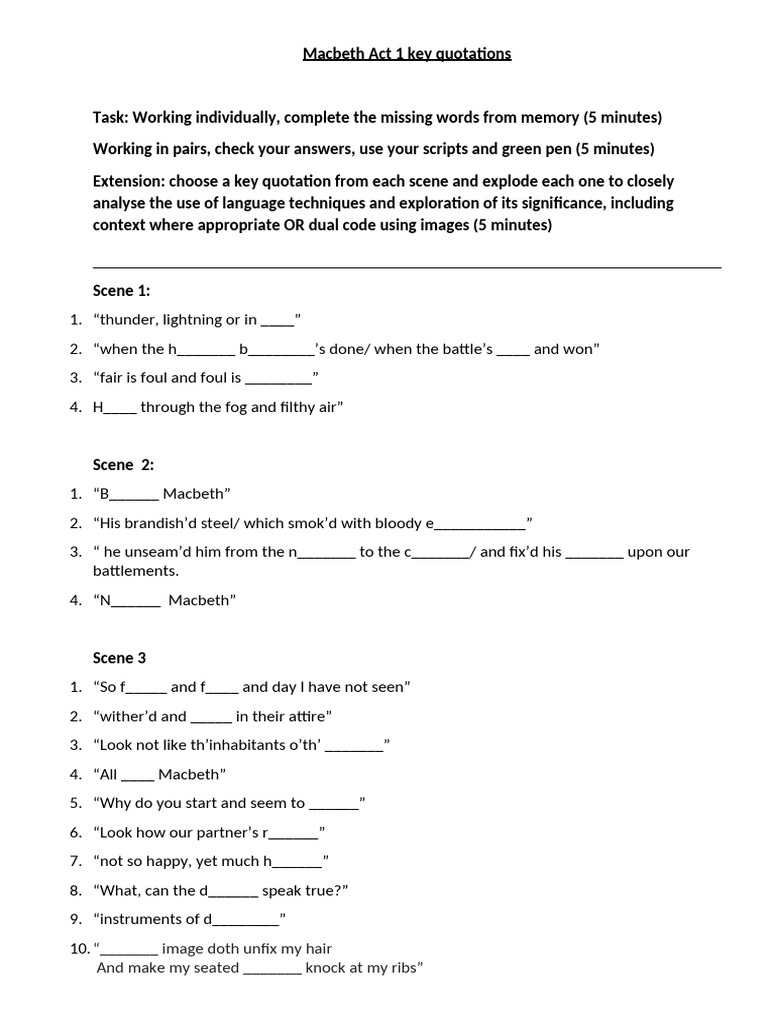 Summary Quotations Act 1 Macbeth | PDF