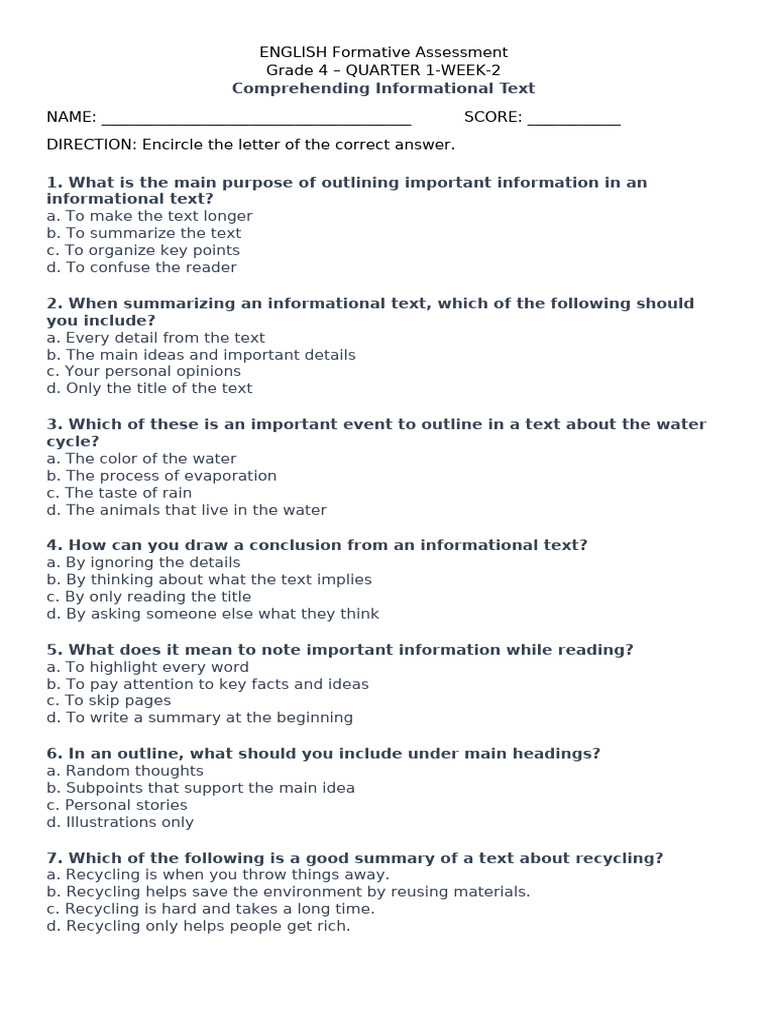 Informational Text Comprehension Quiz | PDF | Cognition | Human ...