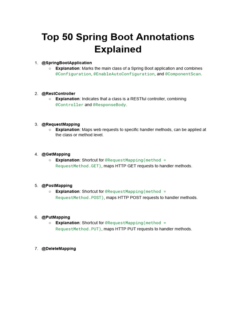 Top 50 Spring Boot Annotations Explained | PDF | Spring Framework | Computing