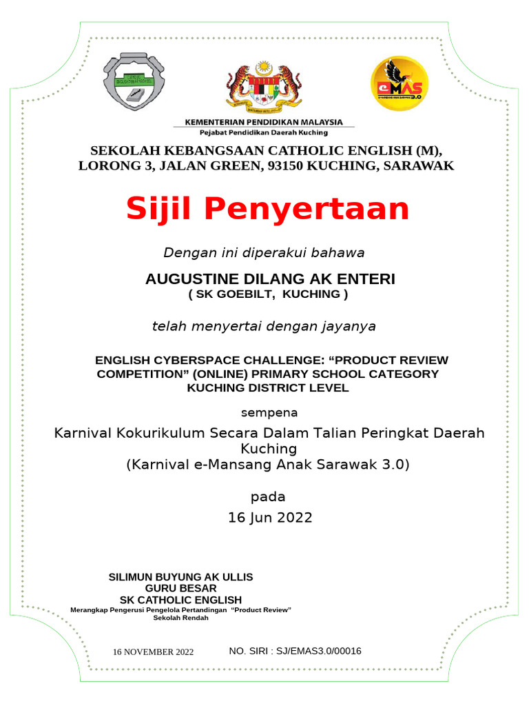 Contoh Sijil Pencapaian Emas 3.0 | PDF