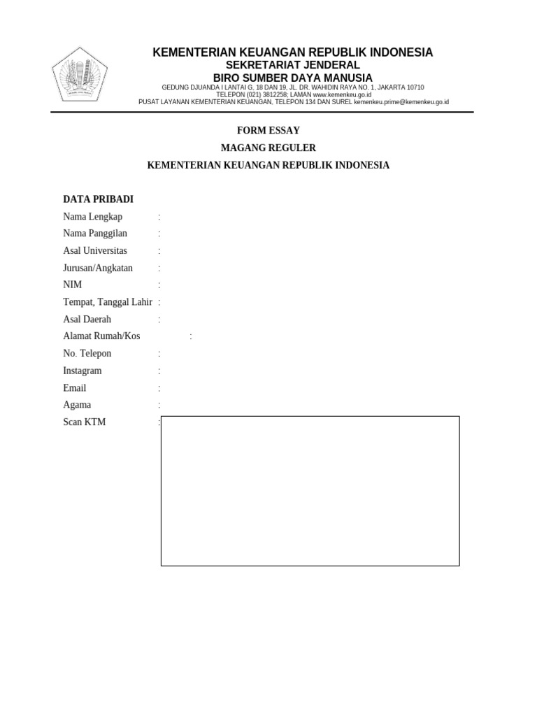 Form Essay Magang Kemenkeu | PDF