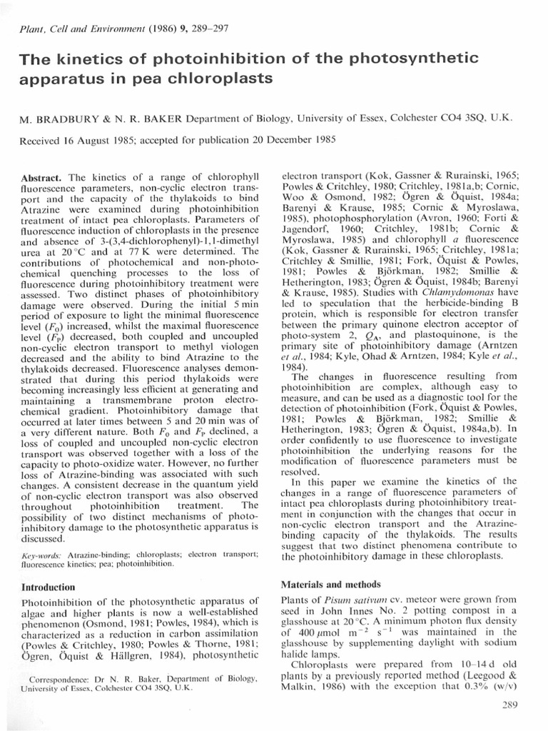 BRADBURY 1986 - The Kinetics of Photoinhibition of the Photosynthetic ...