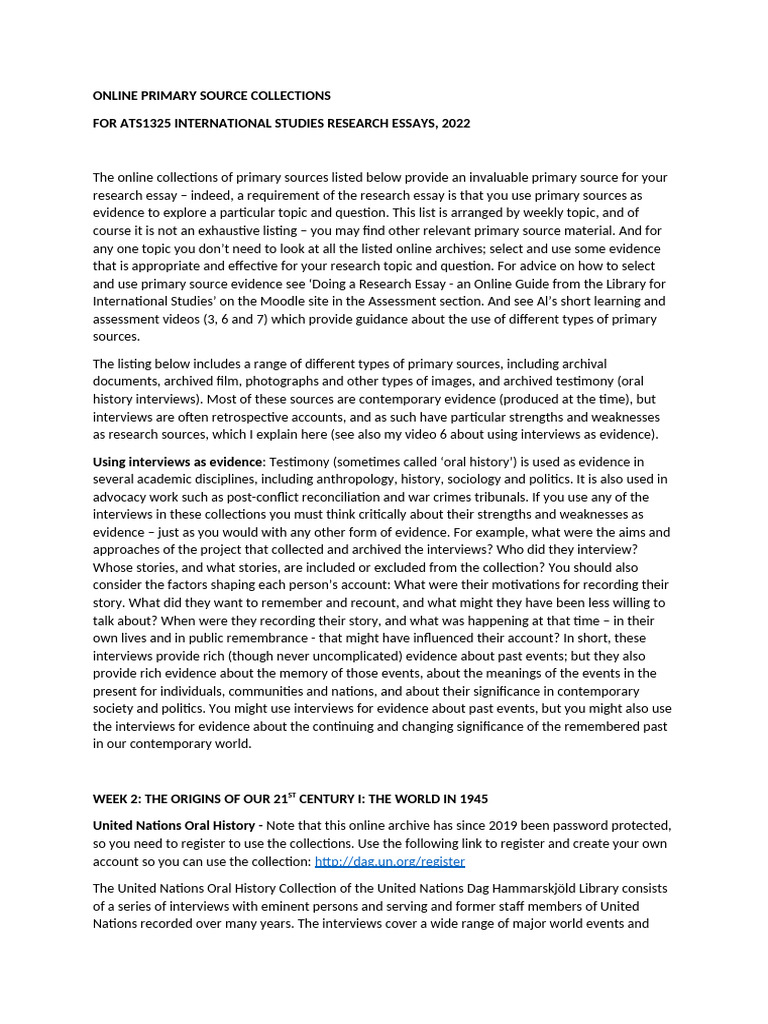 Primary Source Collections For Research Essay ATS1325 2022 | PDF | Oral ...