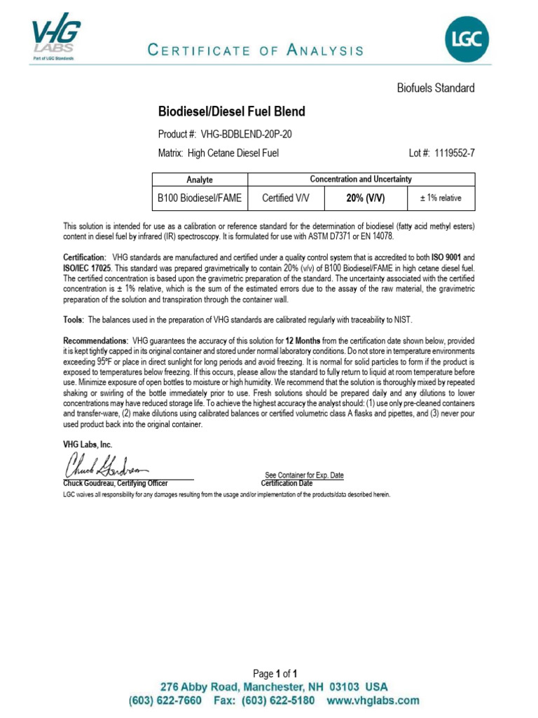 VHG Biodiesel Calibration Standard 20% | PDF | Biodiesel | Diesel Fuel
