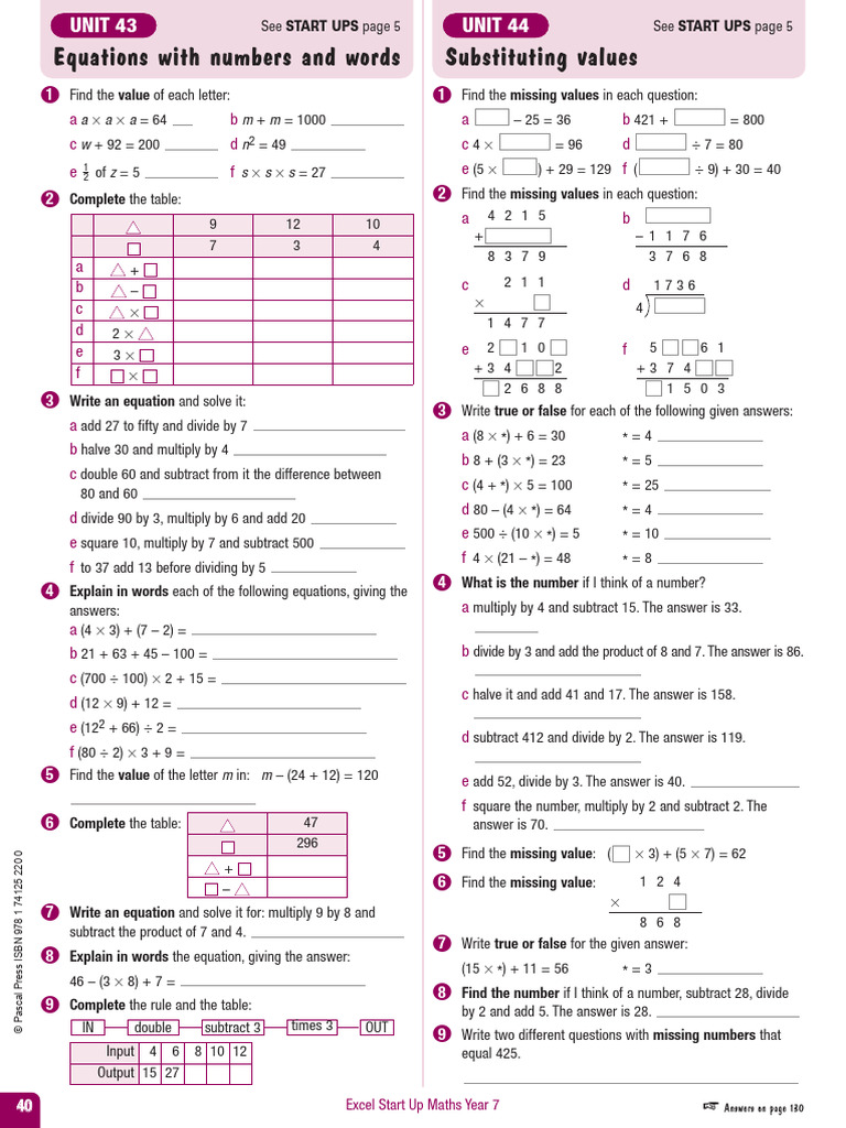 Year 7 Maths Equations and Solutions | PDF | Numbers | Multiplication