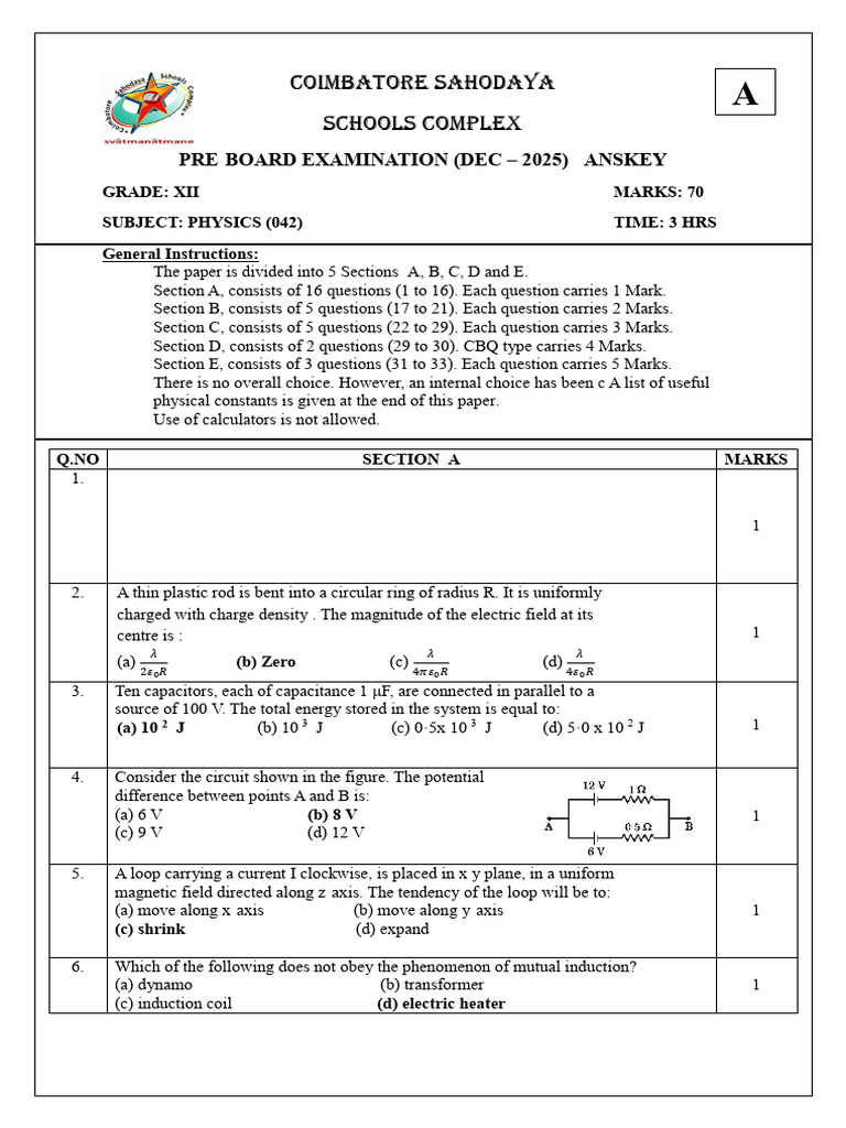 Sahodaya Termii Phy Ans Seta | PDF | Inductor | Inductance