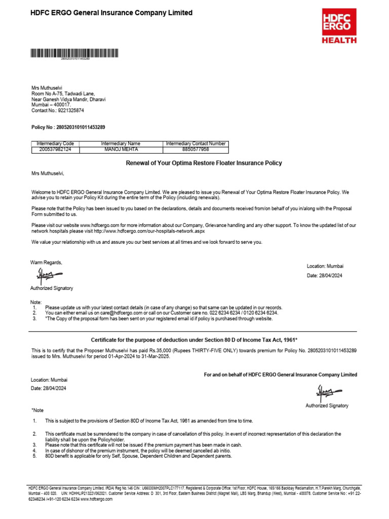 HDFC ERGO Optima Restore Policy Renewal | PDF | Insurance | Financial Risk