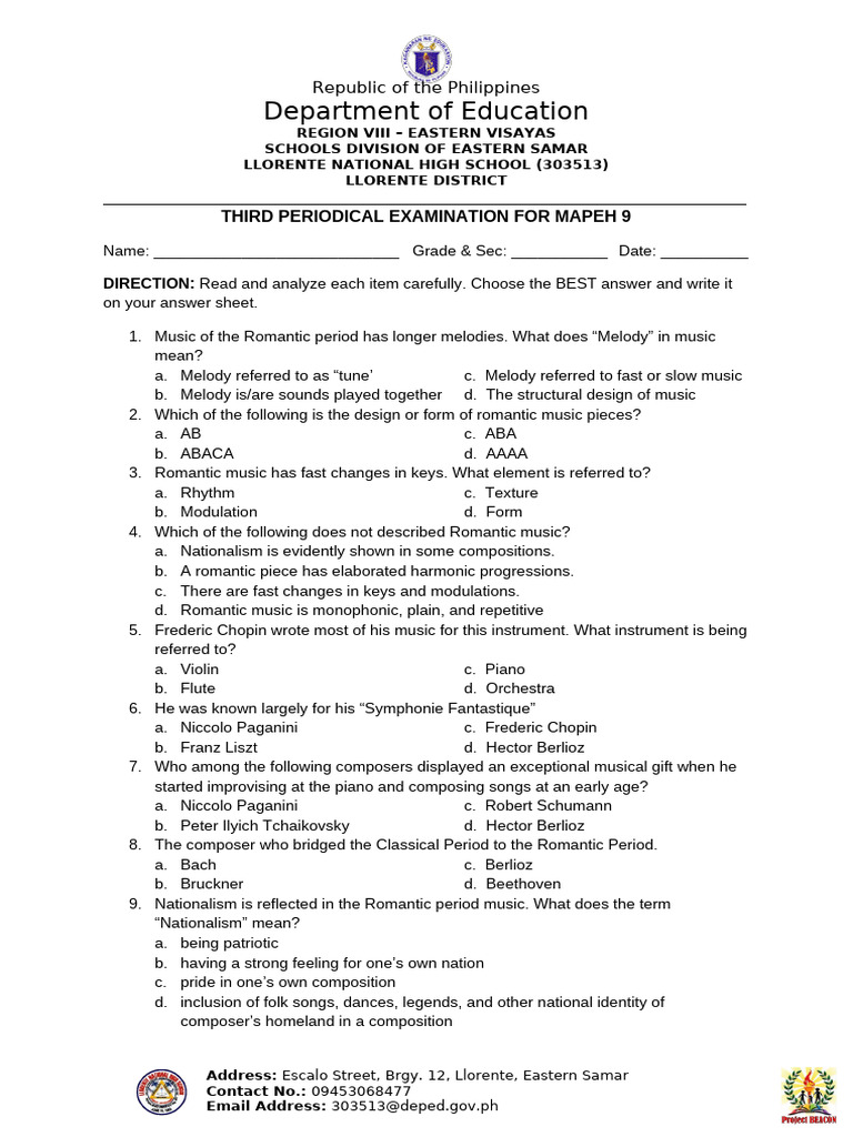 3RD Periodical Test - MAPEH 9 (Test Questionnaire) | PDF | Romantic ...