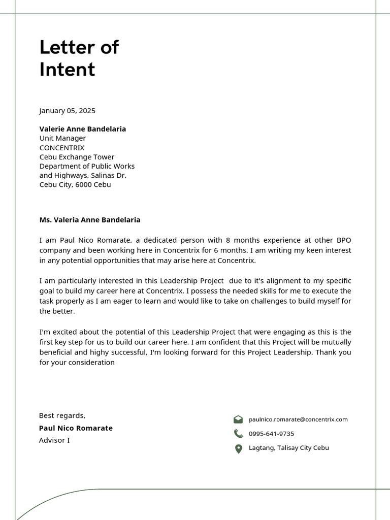 Letter of Intent for Leadership Project | PDF