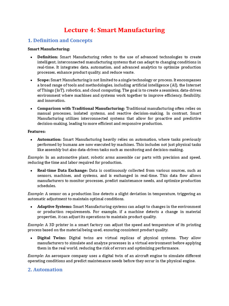 Lecture 4 Smart Manufacturing | PDF | Automation | Supply Chain