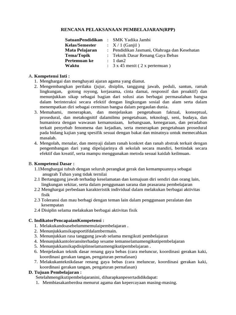 RPP Renang Gaya Bebas | PDF