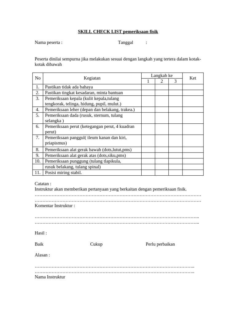 SKILL CHECK LIST Pemeriksaan Fisik | PDF
