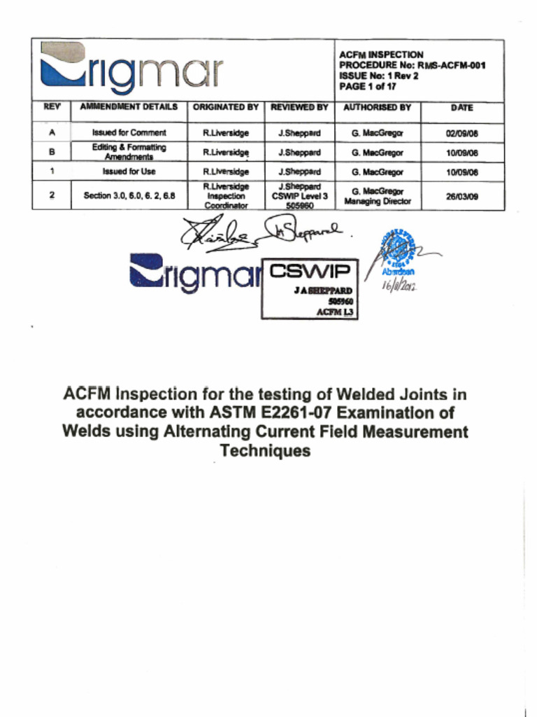 Acfm Procedure Rms-Acfm-001 | PDF | Nondestructive Testing | Welding