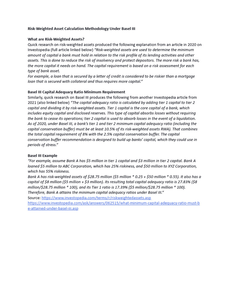 Risk-Weighted Asset Calculation Methodology | PDF | Capital Requirement ...