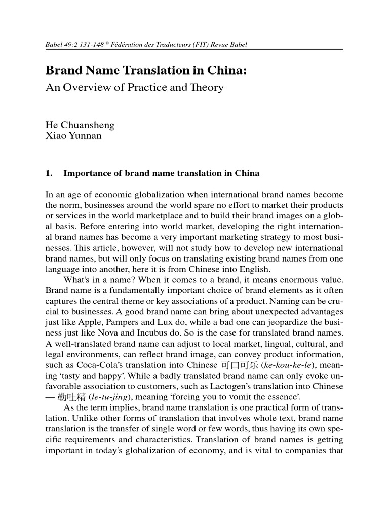 He Chuansheng, Xiao Yunnan. - Brand Name Translation in China | PDF ...